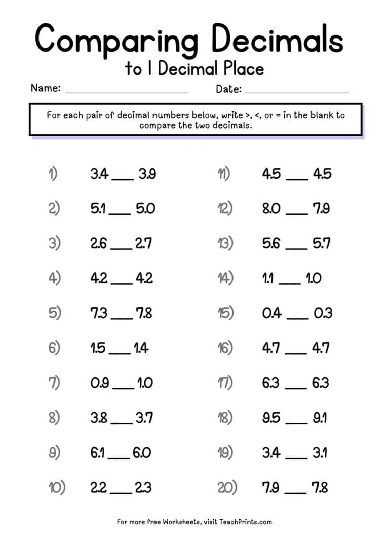 Free Comparing Decimals Worksheets - Teach Prints