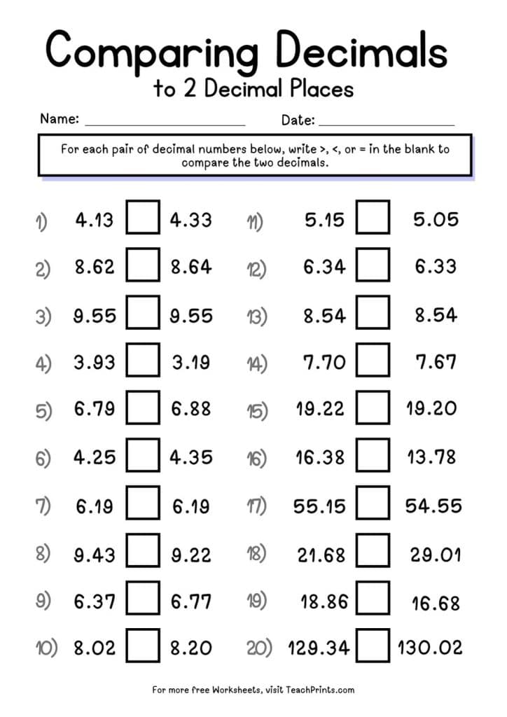 Free Comparing Decimals Worksheets - Teach Prints