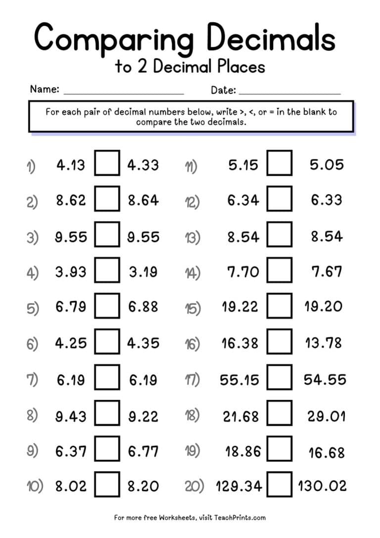 Free Comparing Decimals Worksheets - Teach Prints