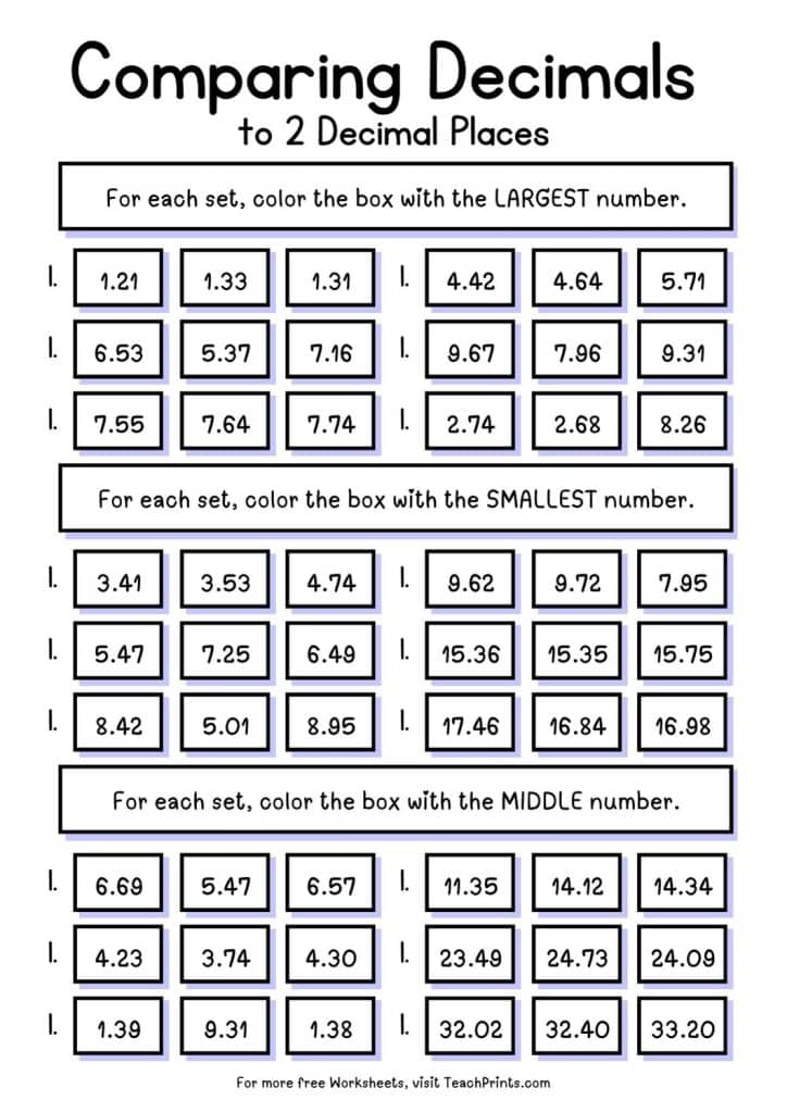 Free Comparing Decimals Worksheets - Teach Prints