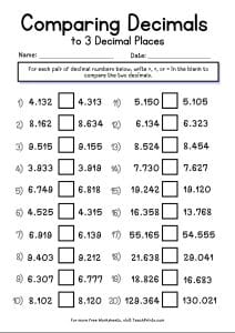 Free Comparing Decimals Worksheets - Teach Prints