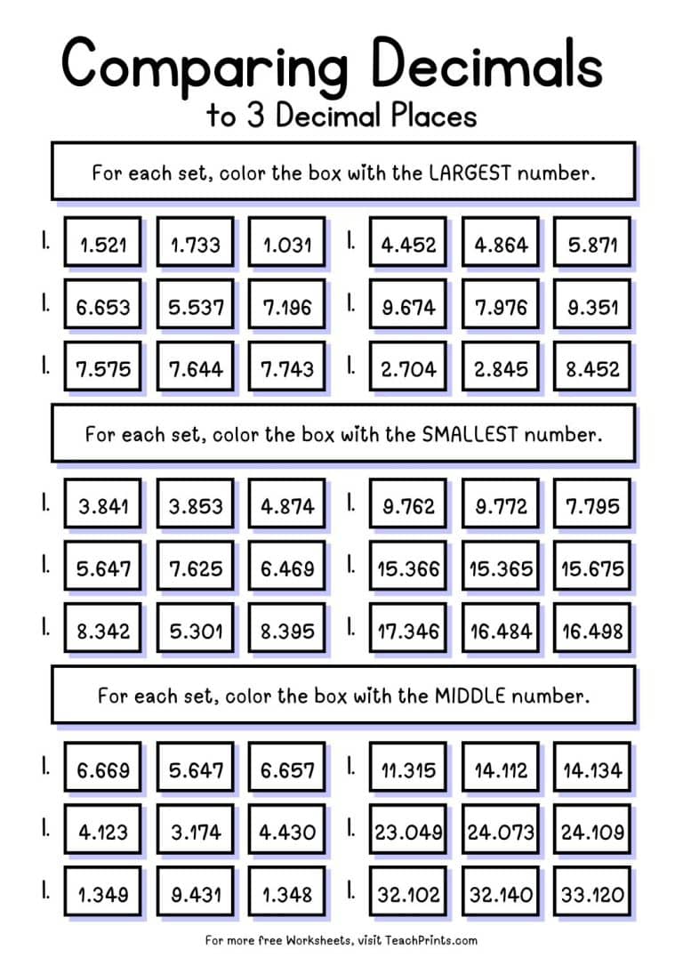 Free Comparing Decimals Worksheets - Teach Prints