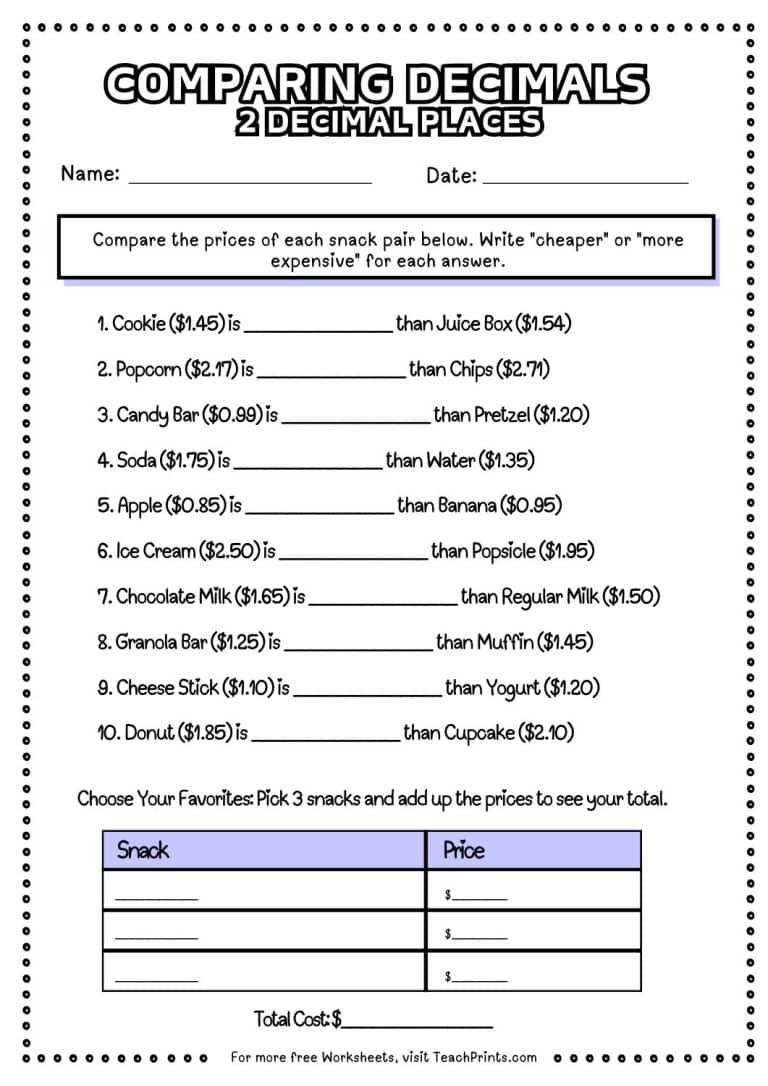 Free Comparing Decimals Worksheets - Teach Prints