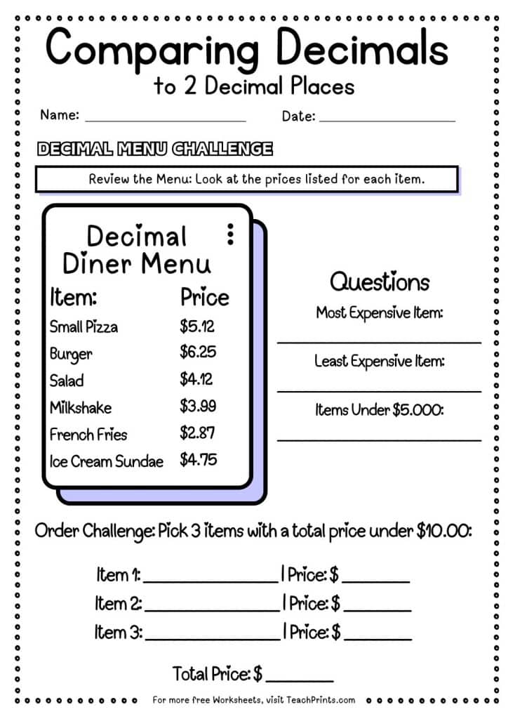 Free Comparing Decimals Worksheets - Teach Prints