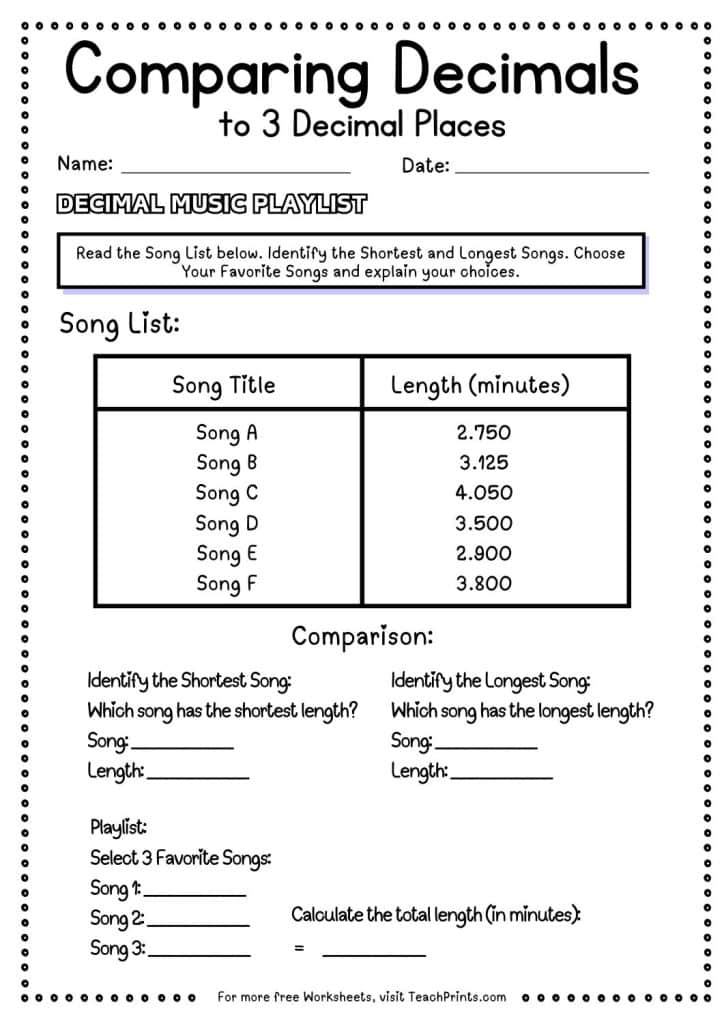 Free Comparing Decimals Worksheets - Teach Prints