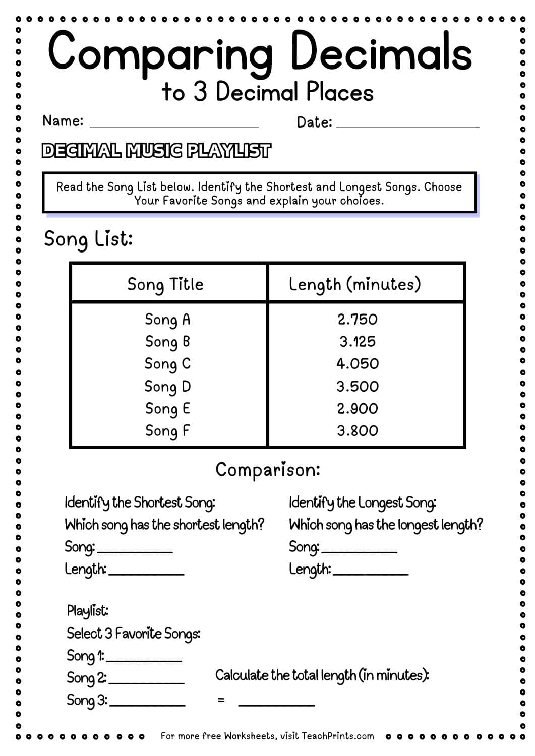 Free Comparing Decimals Worksheets - Teach Prints