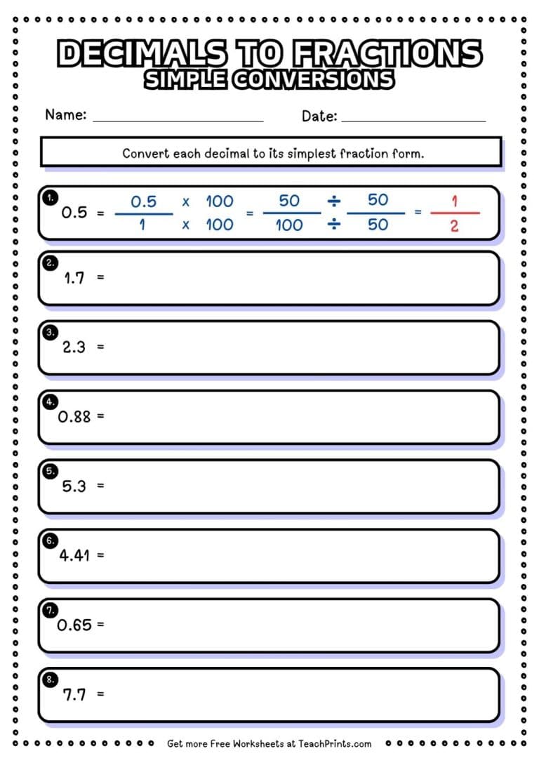 Free Decimals as Fractions Worksheets - Teach Prints