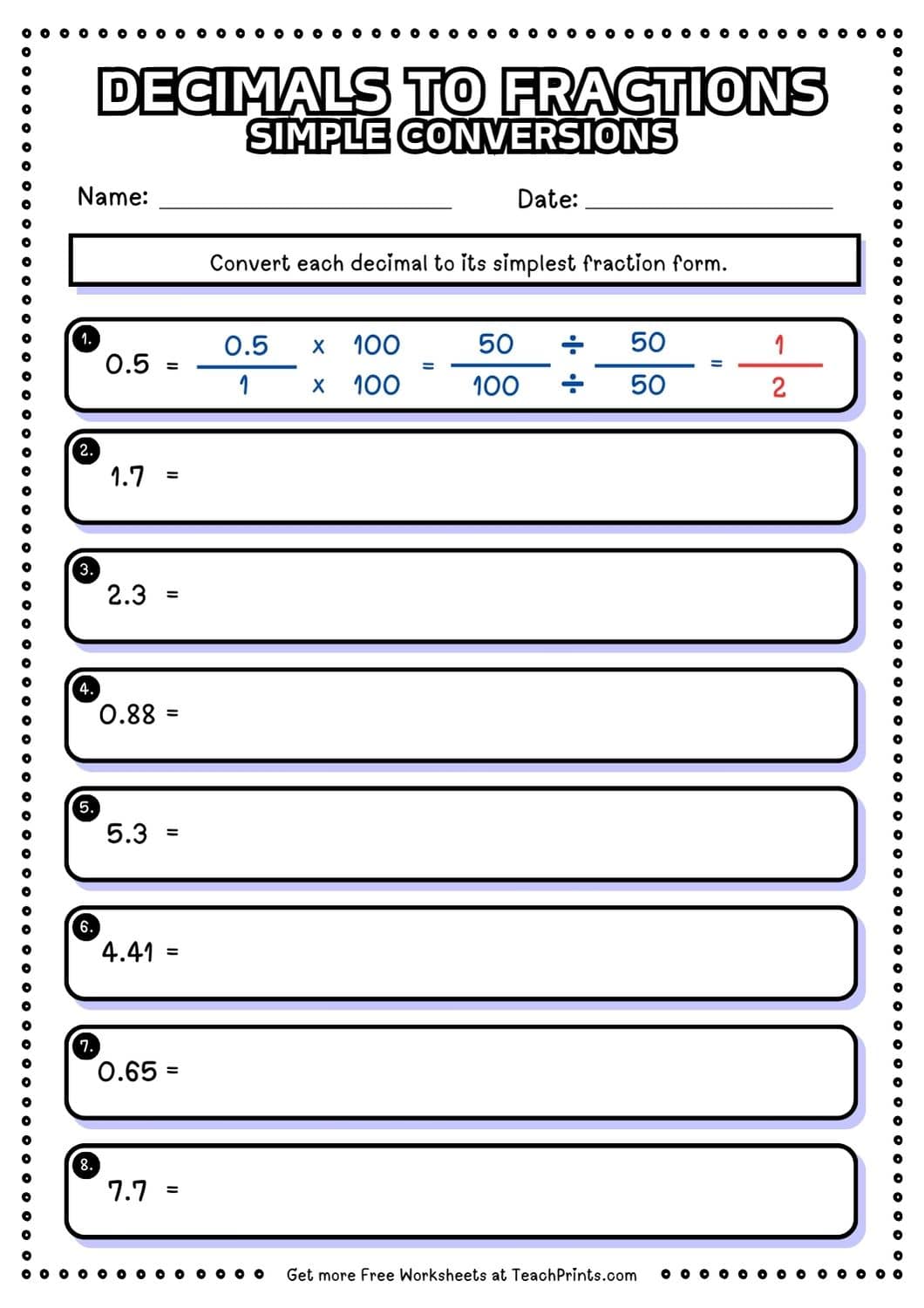 Free Decimals as Fractions Worksheets - Teach Prints