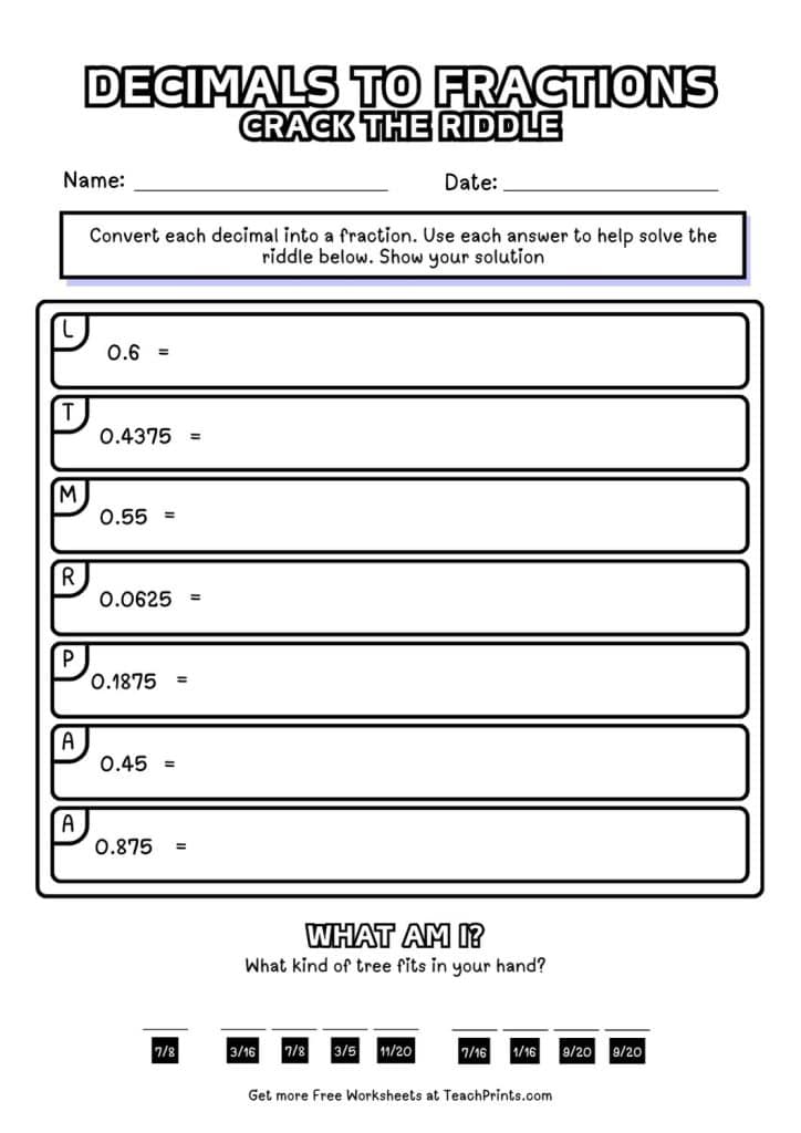 Free Decimals as Fractions Worksheets - Teach Prints