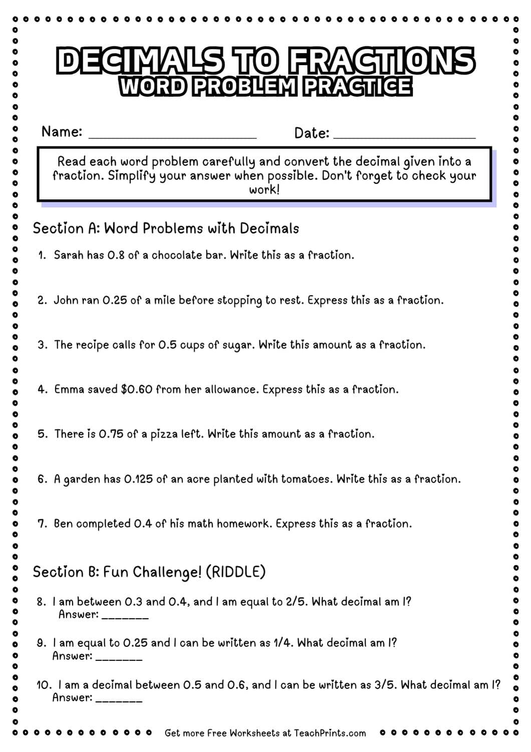 Free Decimals as Fractions Worksheets - Teach Prints