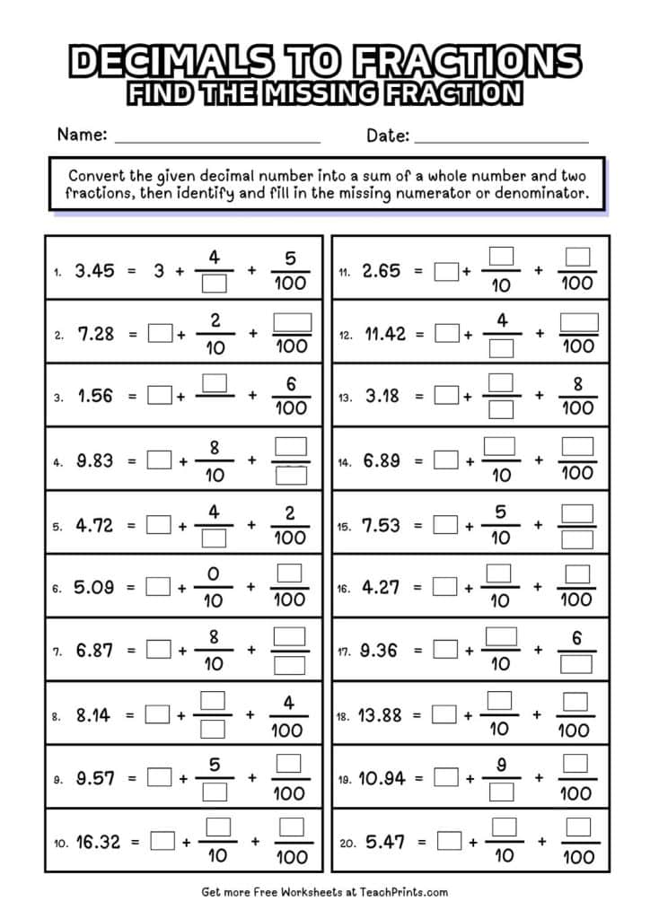 Free Decimals as Fractions Worksheets - Teach Prints
