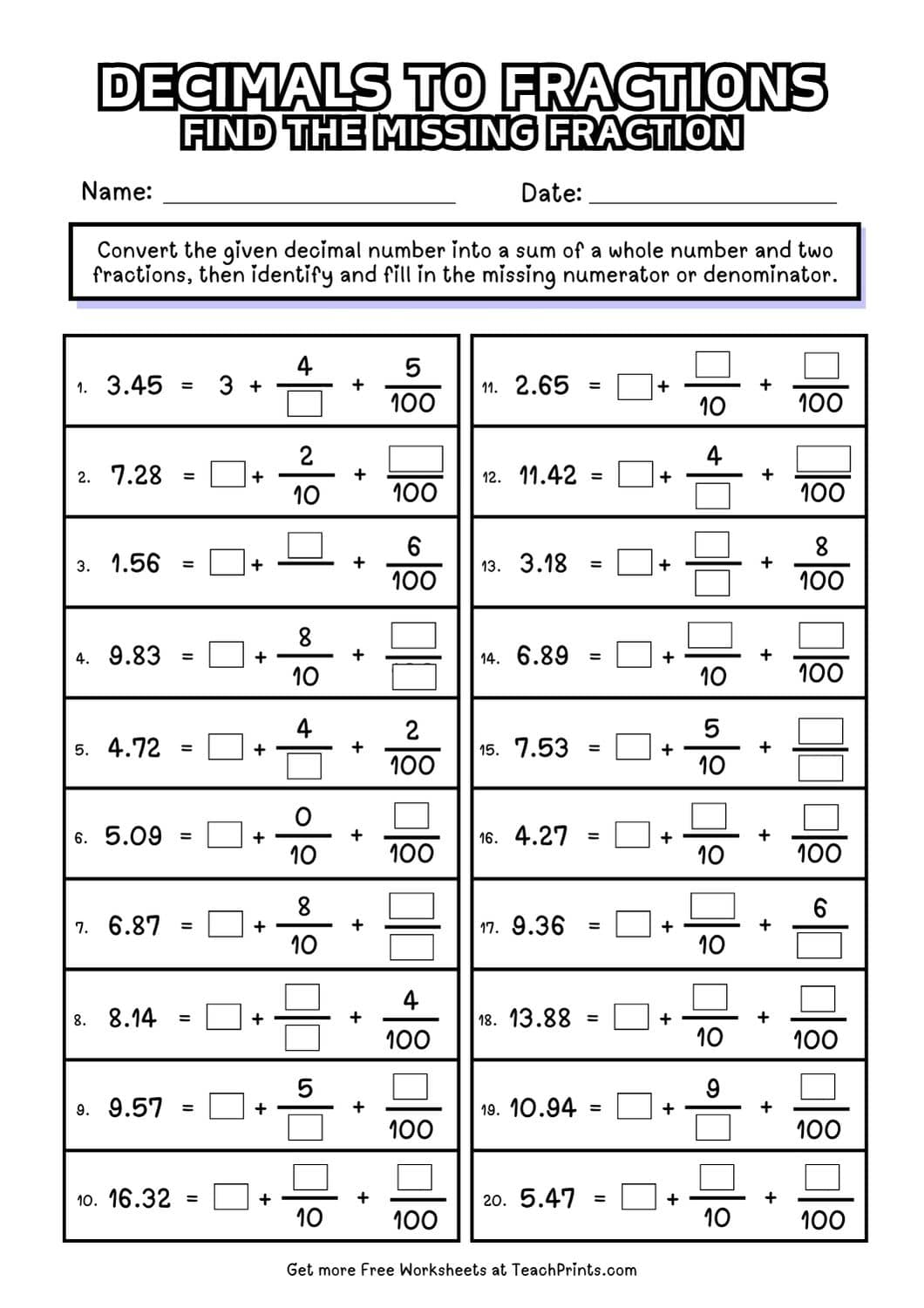 Free Decimals as Fractions Worksheets - Teach Prints