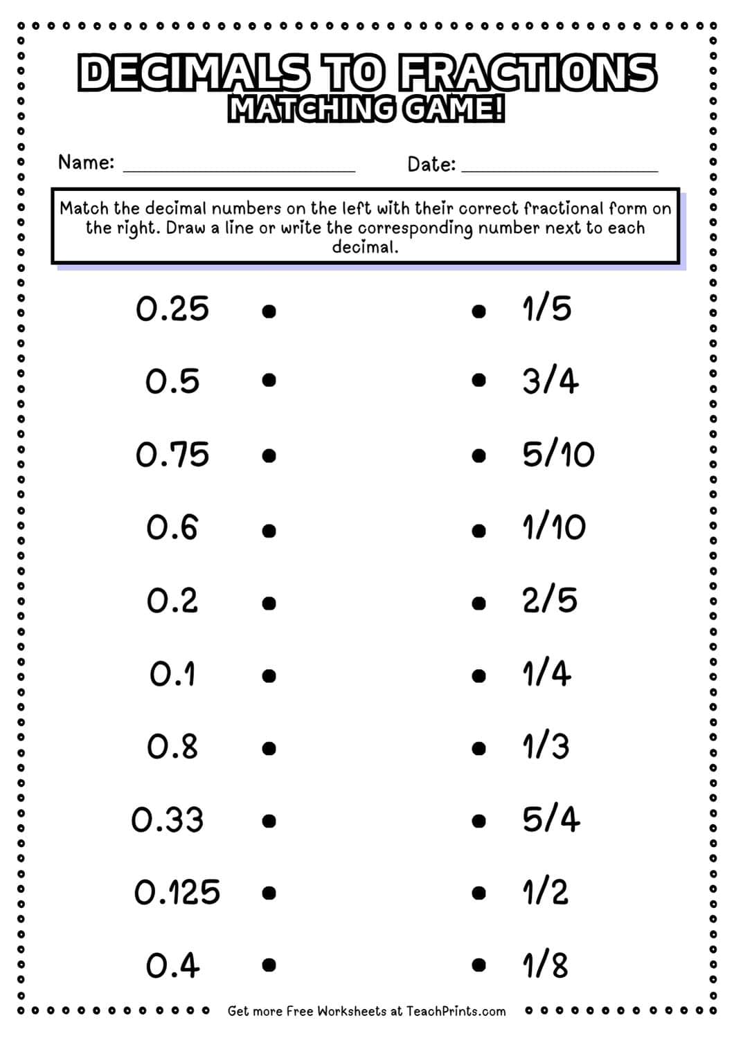 Free Decimals as Fractions Worksheets - Teach Prints