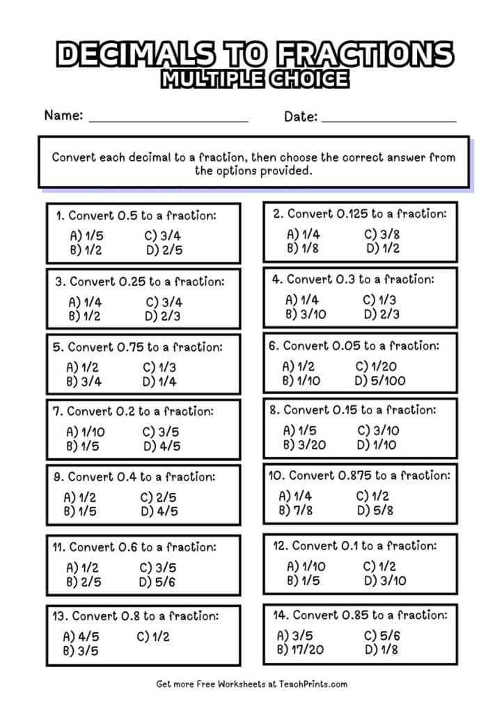 Free Decimals as Fractions Worksheets - Teach Prints