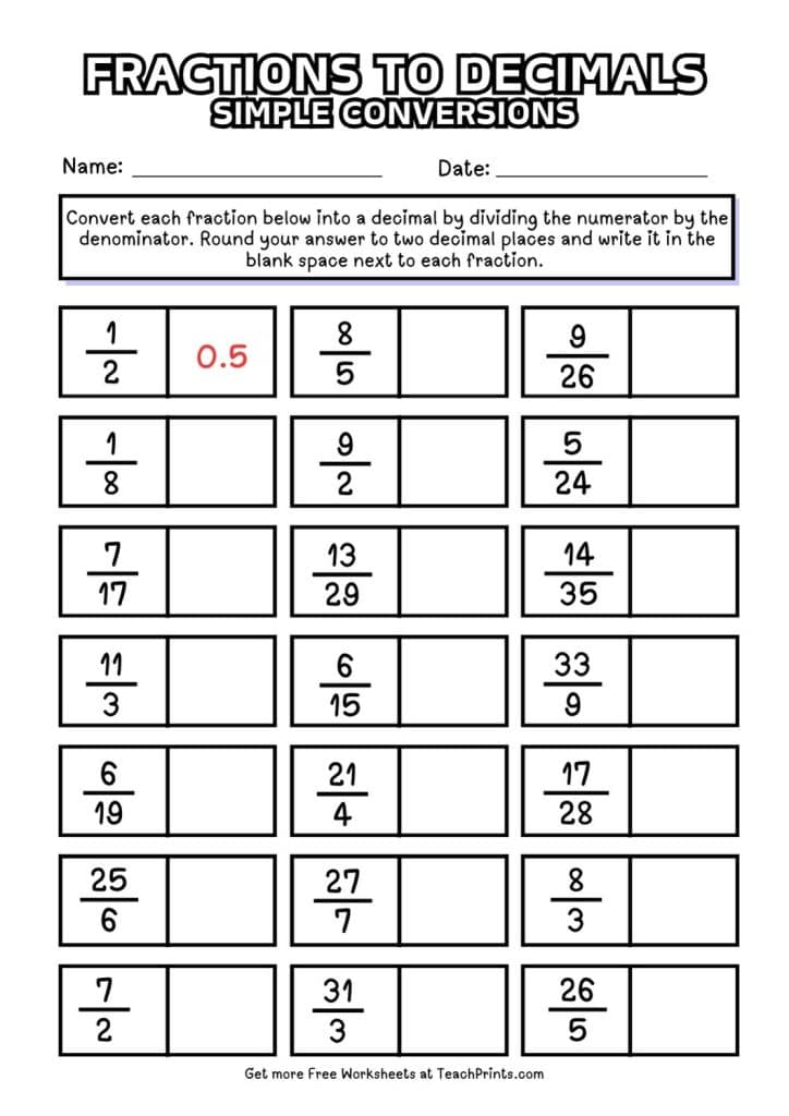 Free Fractions as Decimals Worksheets - Teach Prints