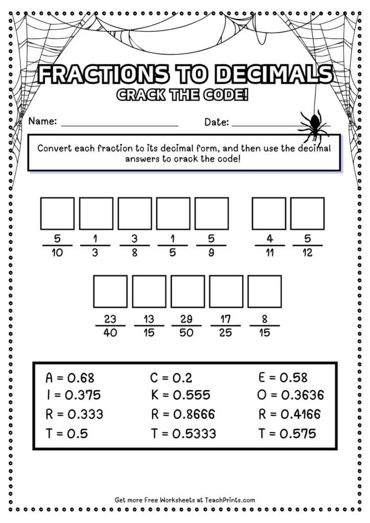 Free Fractions as Decimals Worksheets - Teach Prints