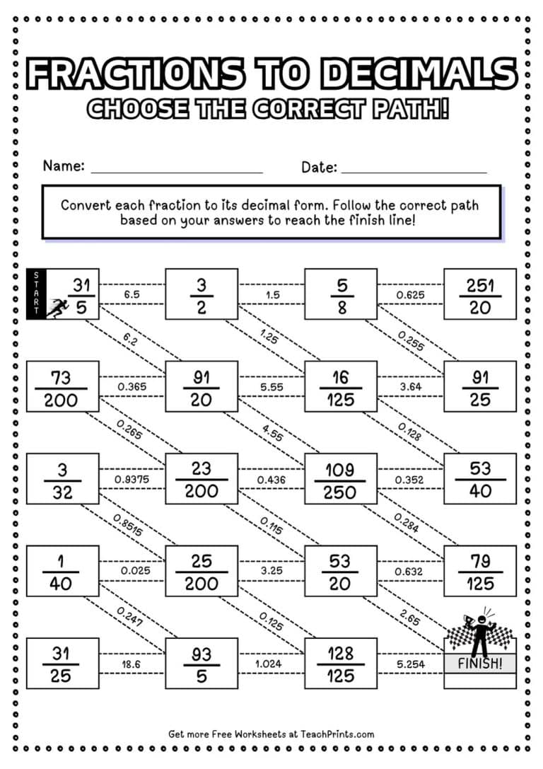 Free Fractions as Decimals Worksheets - Teach Prints