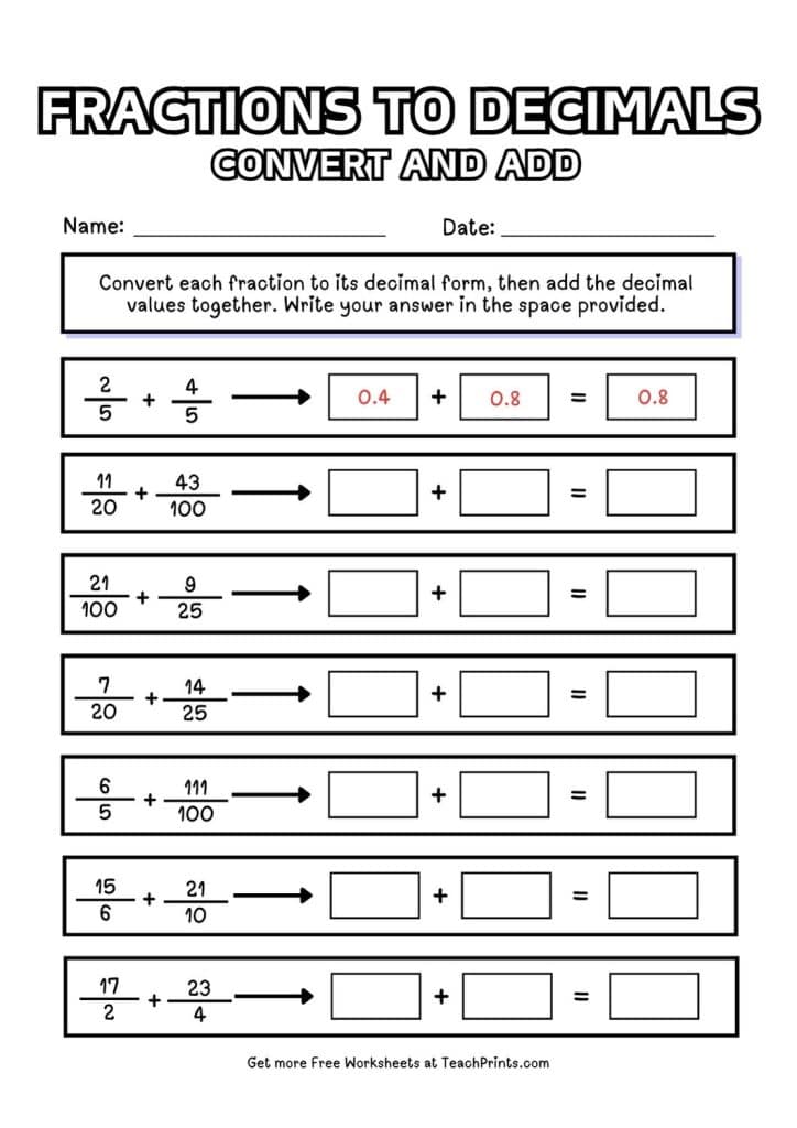 Free Fractions as Decimals Worksheets - Teach Prints