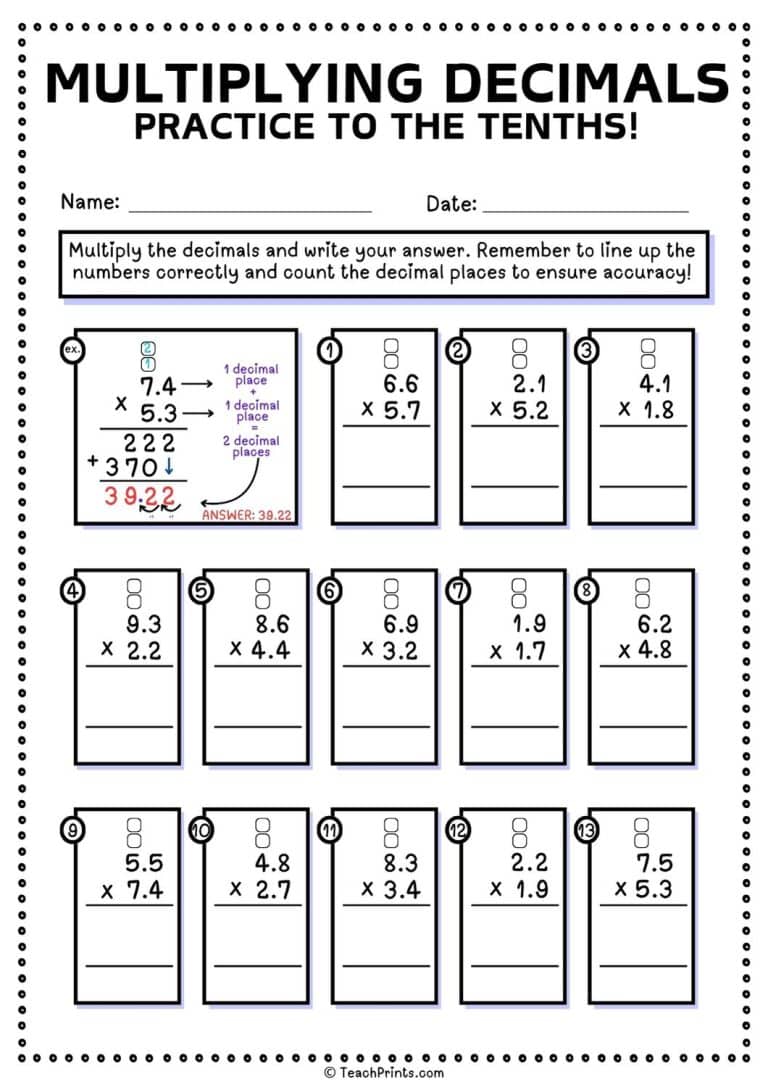 Free Multiplying Decimals Worksheets - Teach Prints