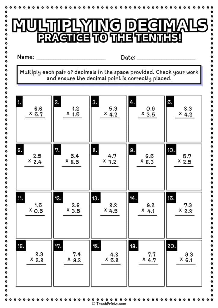 Free Multiplying Decimals Worksheets - Teach Prints