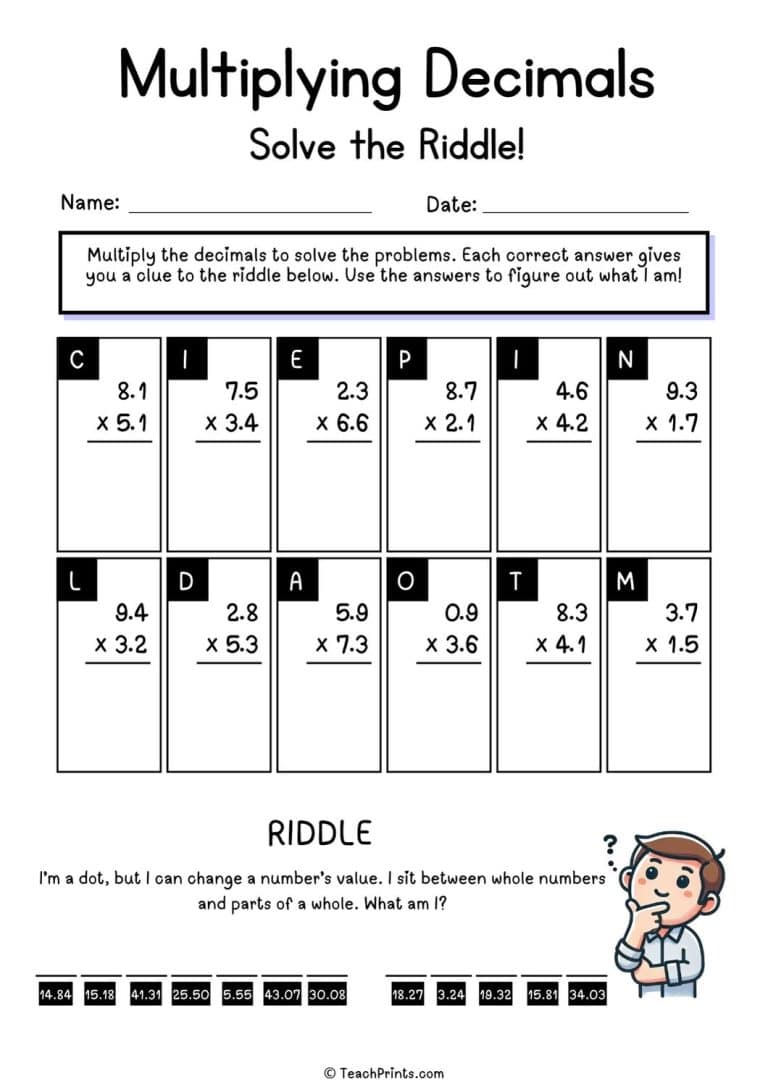 Free Multiplying Decimals Worksheets - Teach Prints