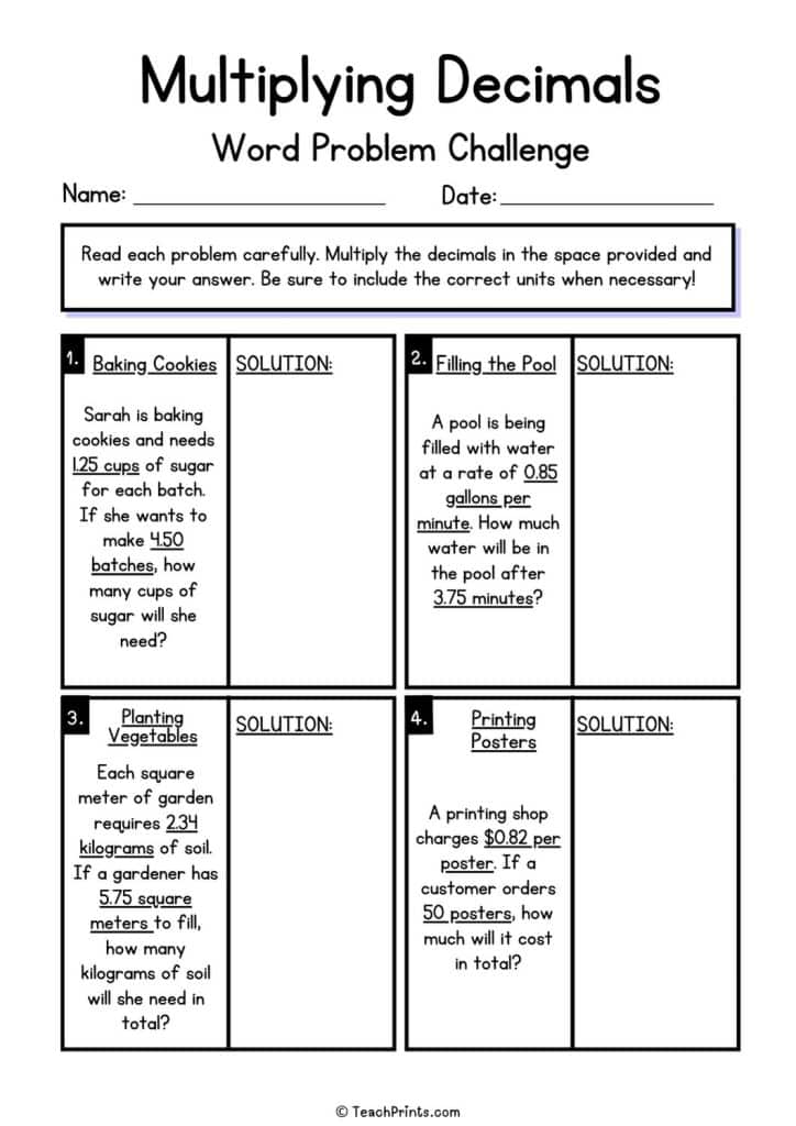 Free Multiplying Decimals Worksheets - Teach Prints