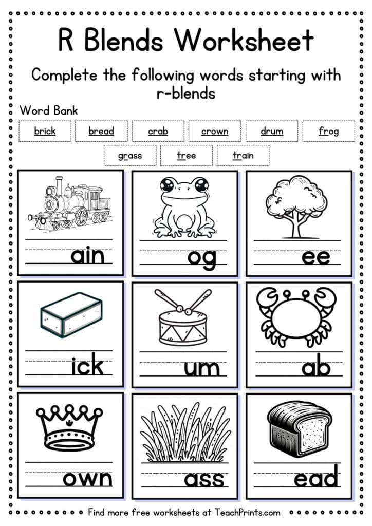 Free R Blend Worksheets - Teach Prints