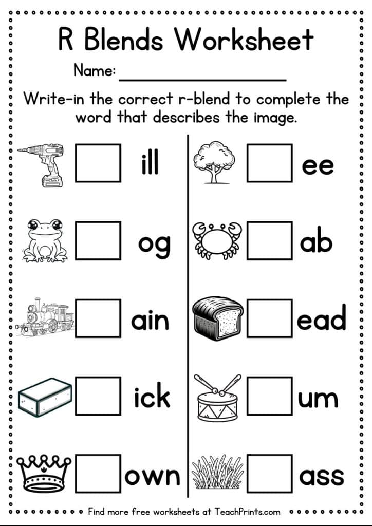 Free R Blend Worksheets - Teach Prints
