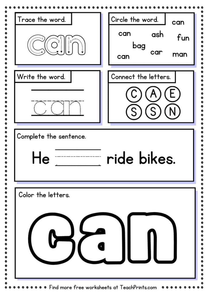Free Sight Word 'Can' Worksheets - Teach Prints