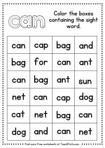 Free Sight Word 'Can' Worksheets - Teach Prints