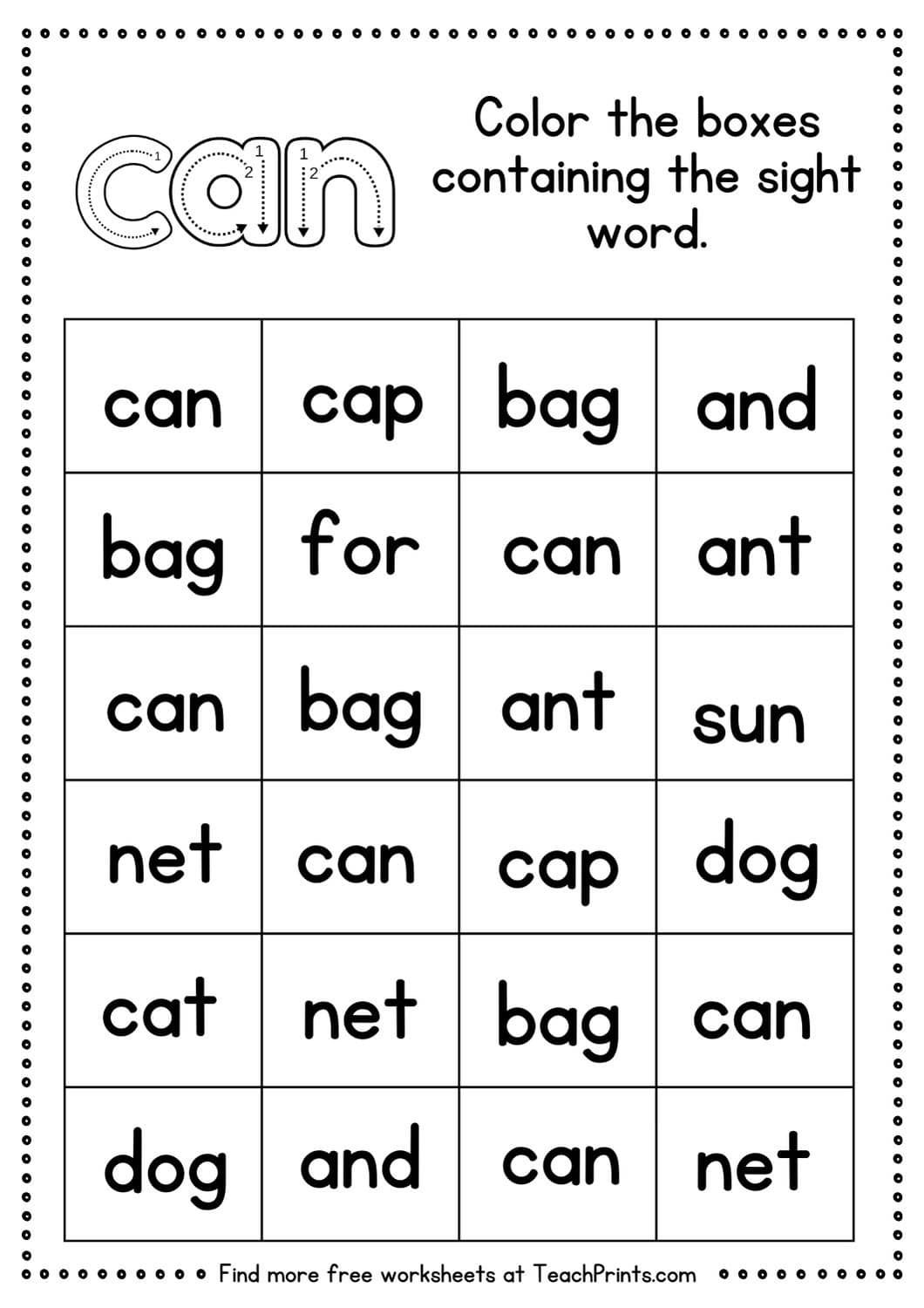 Free Sight Word 'Can' Worksheets - Teach Prints
