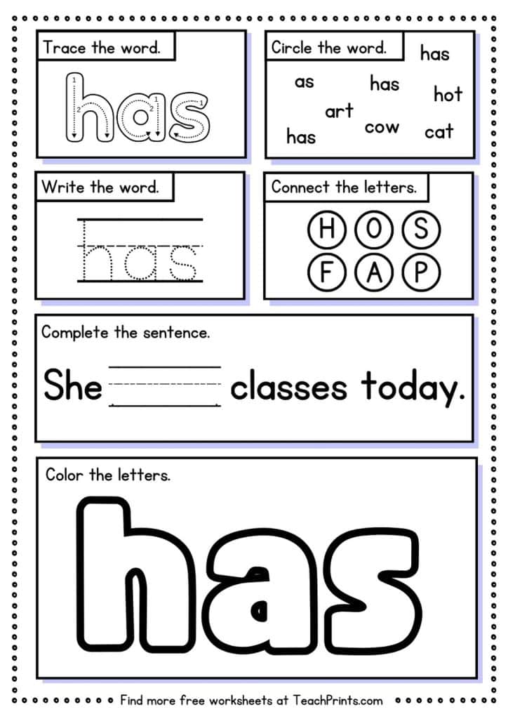 Free Sight Word 'Has' Worksheets - Teach Prints