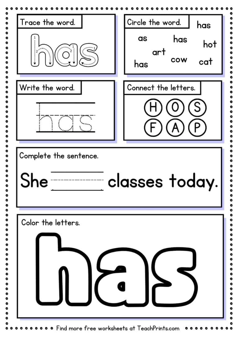 Free Sight Word 'Has' Worksheets - Teach Prints