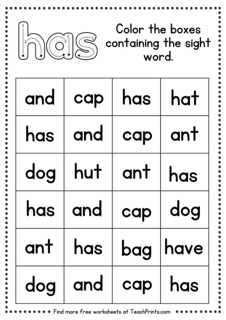 Free Sight Word 'Has' Worksheets - Teach Prints