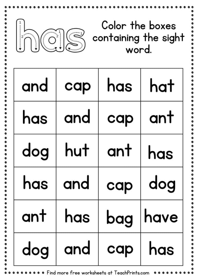 Free Sight Word 'Has' Worksheets - Teach Prints