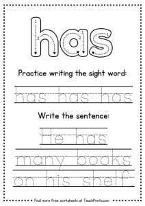 Free Sight Word 'Has' Worksheets - Teach Prints