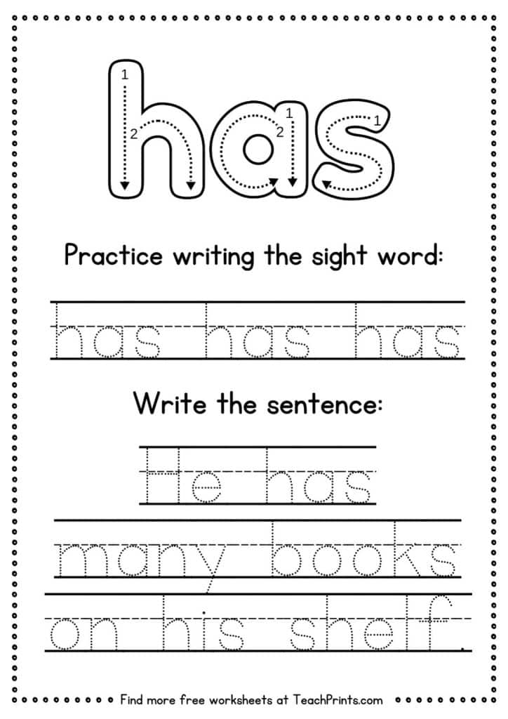 Free Sight Word 'Has' Worksheets - Teach Prints