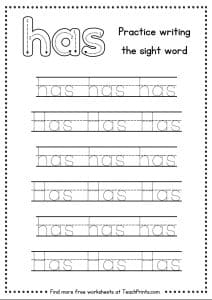 Free Sight Word 'Has' Worksheets - Teach Prints