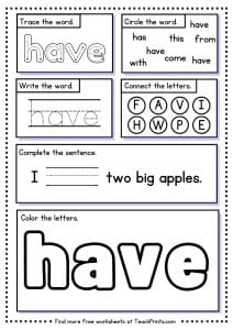 Free Sight Word 'Have' Worksheets - Teach Prints