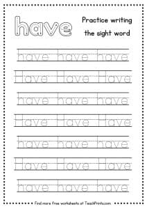 Free Sight Word 'Have' Worksheets - Teach Prints