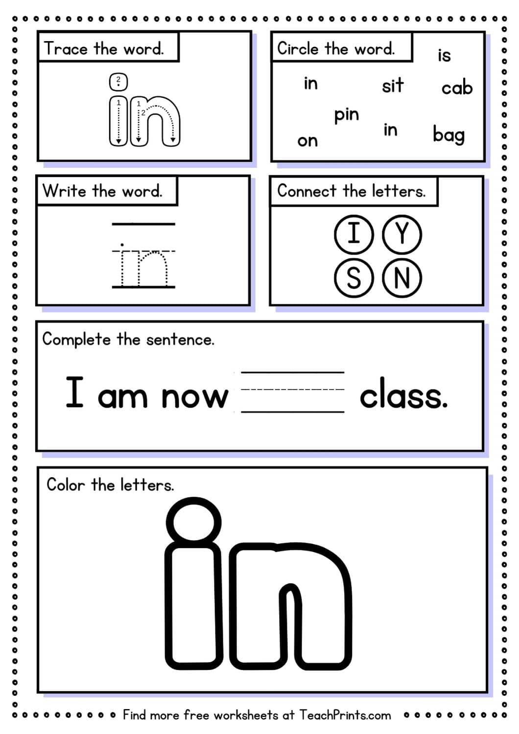 Free Sight Word 'In' Worksheets - Teach Prints