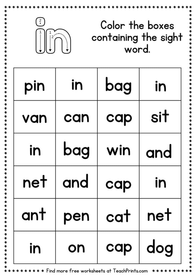 Free Sight Word 'In' Worksheets - Teach Prints
