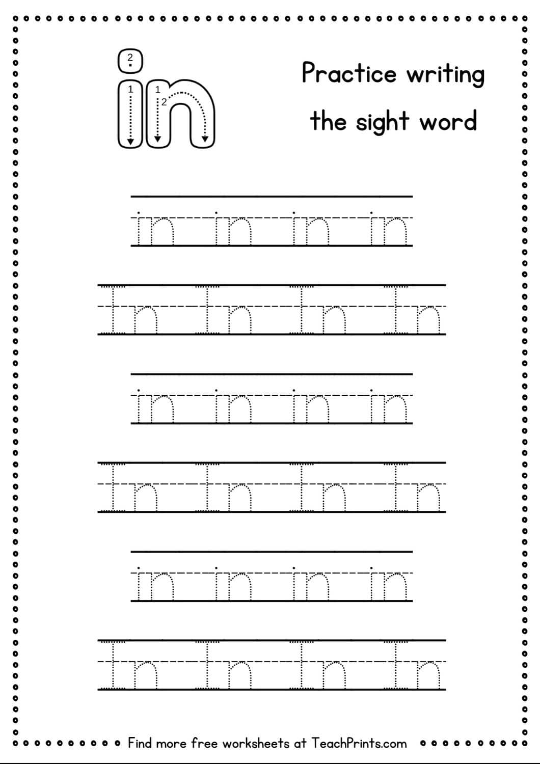 Free Sight Word 'In' Worksheets - Teach Prints