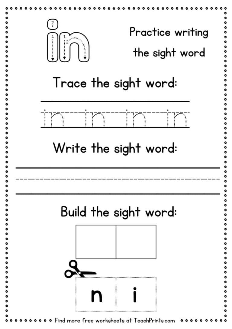 Free Sight Word 'In' Worksheets - Teach Prints