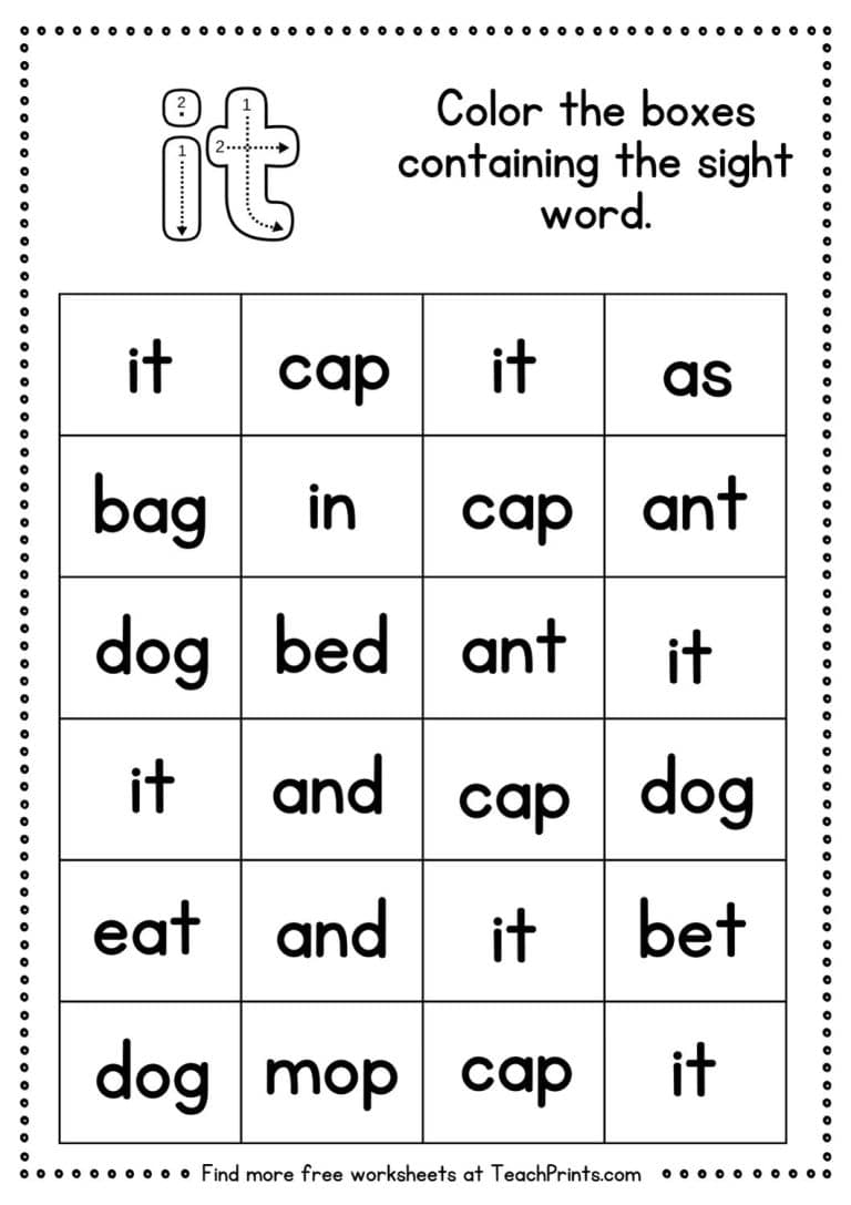 Free Sight Word 'It' Worksheets - Teach Prints