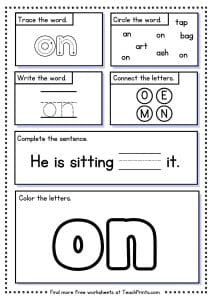 Free Sight Word 'On' Worksheets - Teach Prints