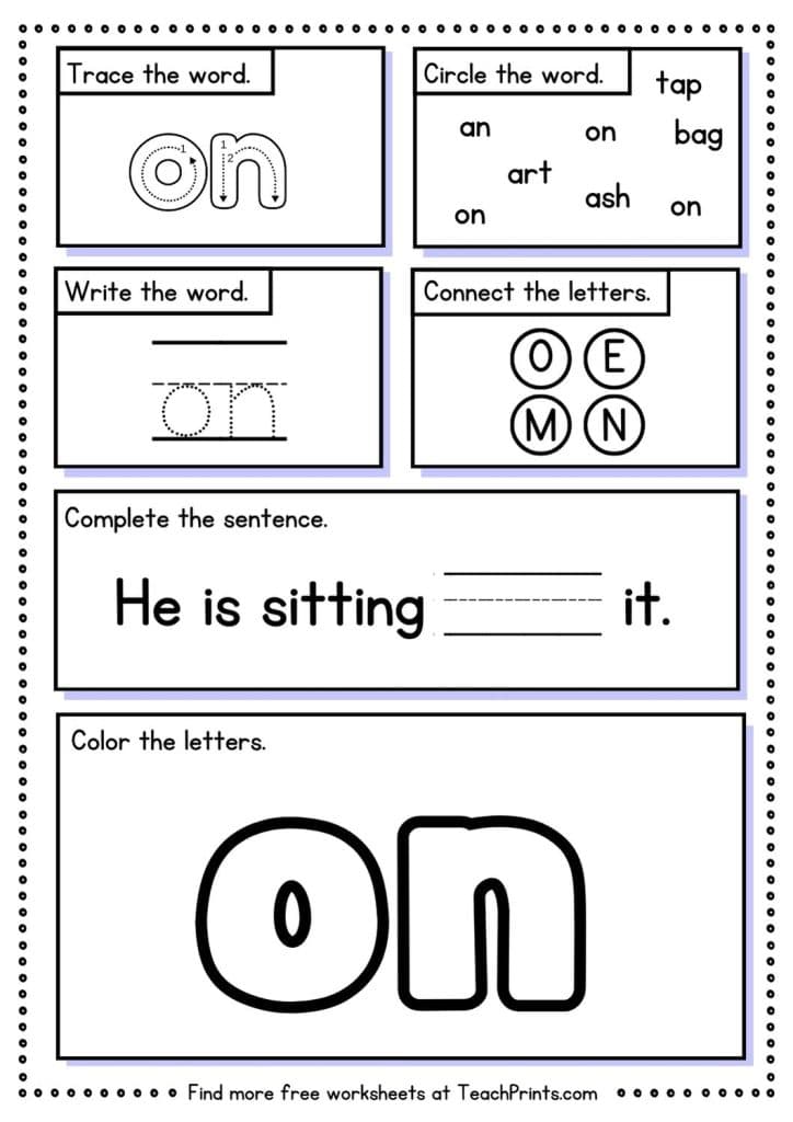 Free Sight Word 'On' Worksheets - Teach Prints