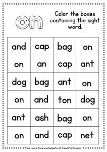 Free Sight Word 'On' Worksheets - Teach Prints