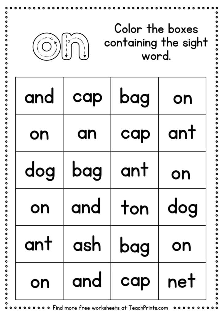 Free Sight Word 'On' Worksheets - Teach Prints