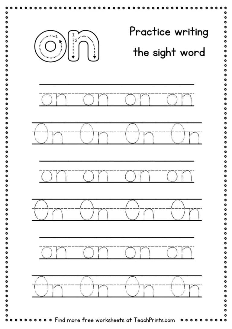 Free Sight Word 'On' Worksheets - Teach Prints